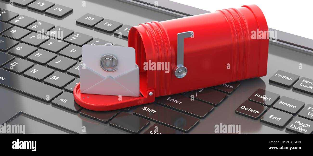 Email inbox. Red retro mailbox open with raised flag on computer ...