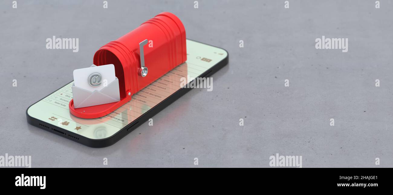 Email inbox. Red retro mailbox open with raised flag on a mobile phone ...