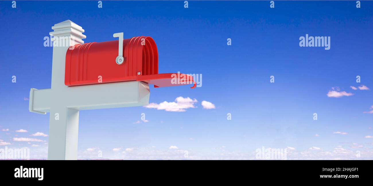 Mailbox on blue sky background. Empty retro mail box red color on white ...