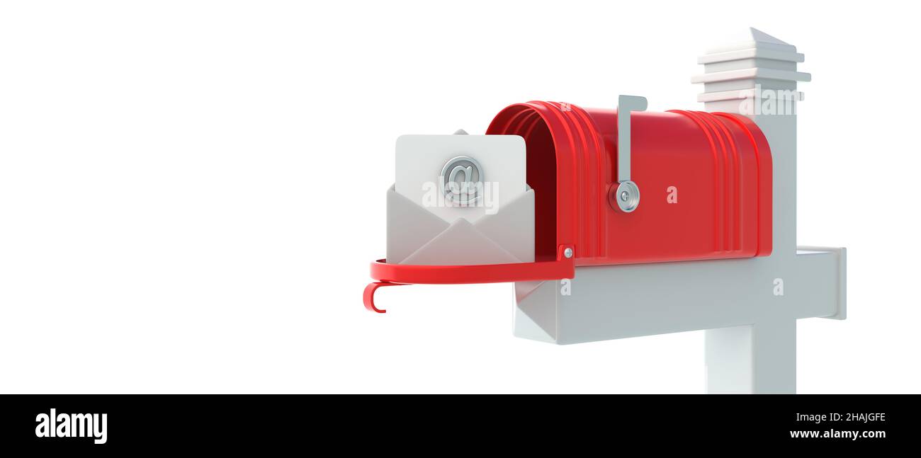 Incoming email. Red retro mailbox on white post open with raised flag ...
