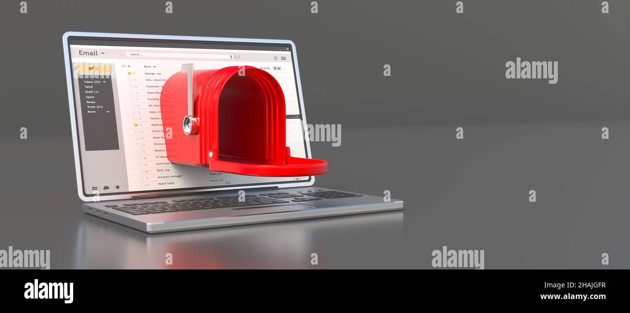 Red retro mailbox open empty with raised flag out of a laptop screen ...