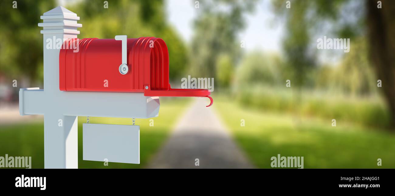 Mailbox red color on post with open door and raised flag, blur green ...