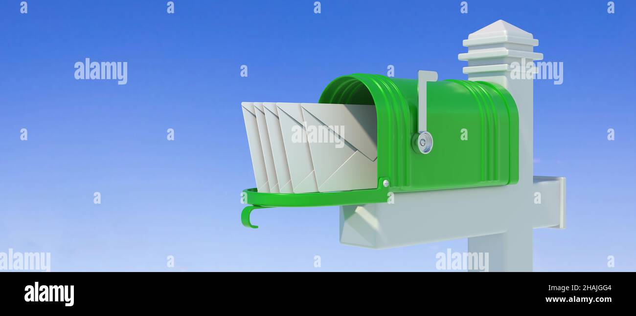 Incoming mail. Green retro mailbox on white post open with raised flag ...