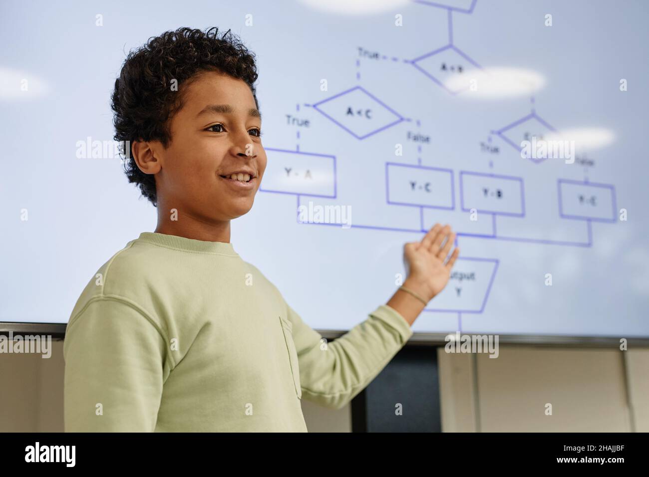 Portrait of smiling teenage boy giving presentation in coding class for ...