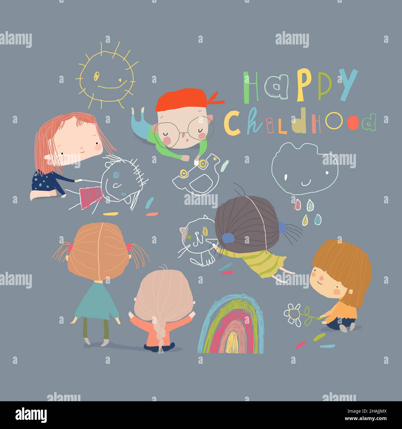 Happy Children painting Drawings with Chalk on Asphalt Stock Vector ...