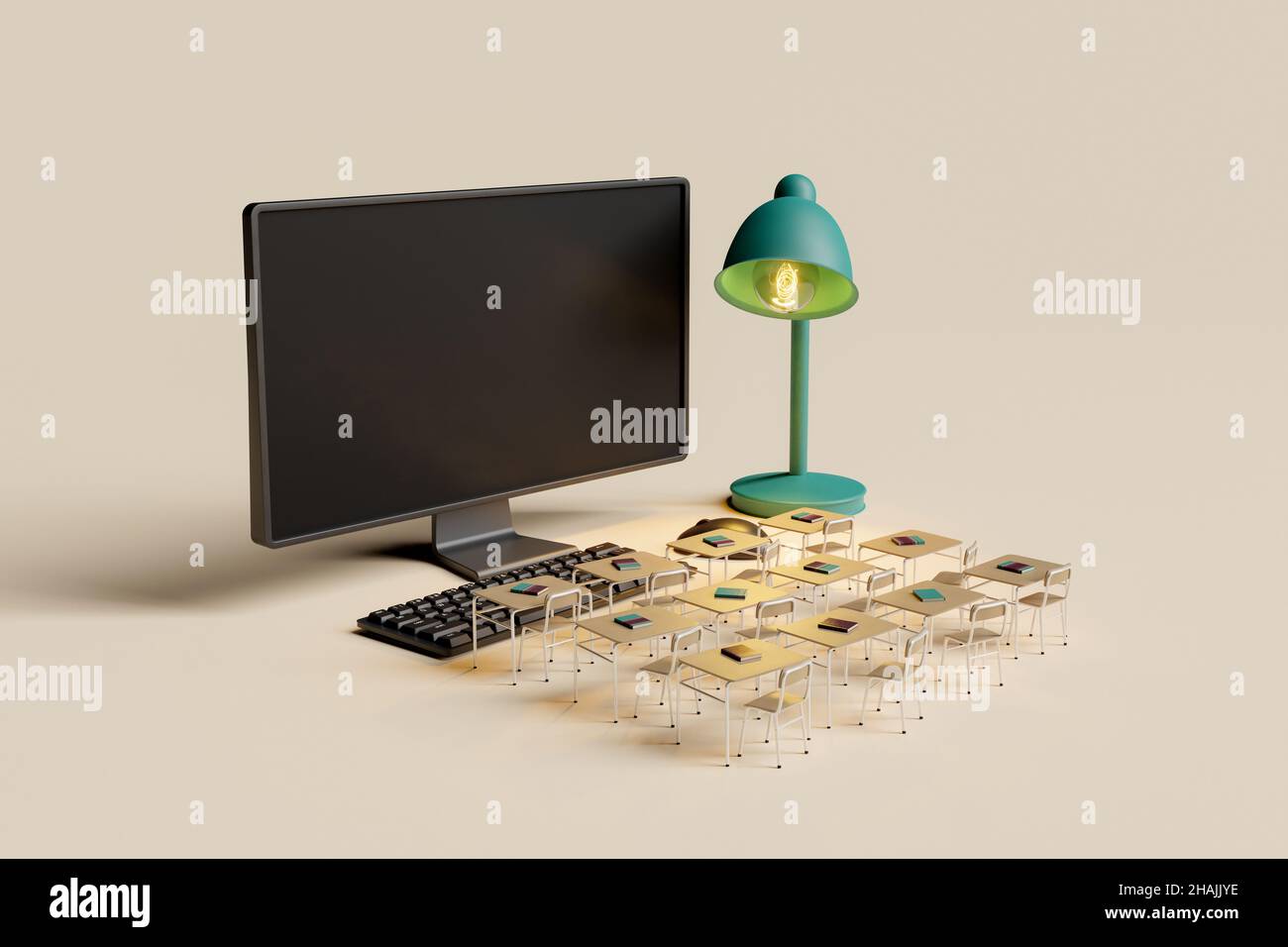 computer monitor with school desks in front and a desk lamp ...