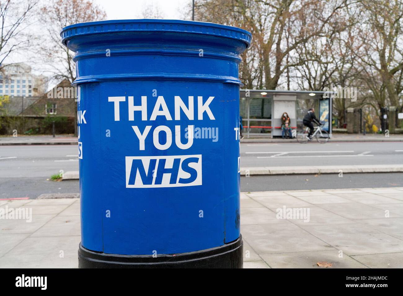 Royal mail post box painted in blue with Thank you NHS written in white ...