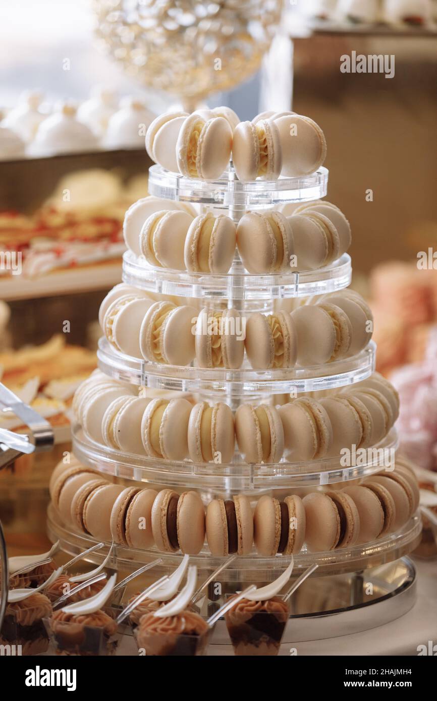 French macaroons. Candy bar. Wedding feast. Wedding sweets. beautiful ...