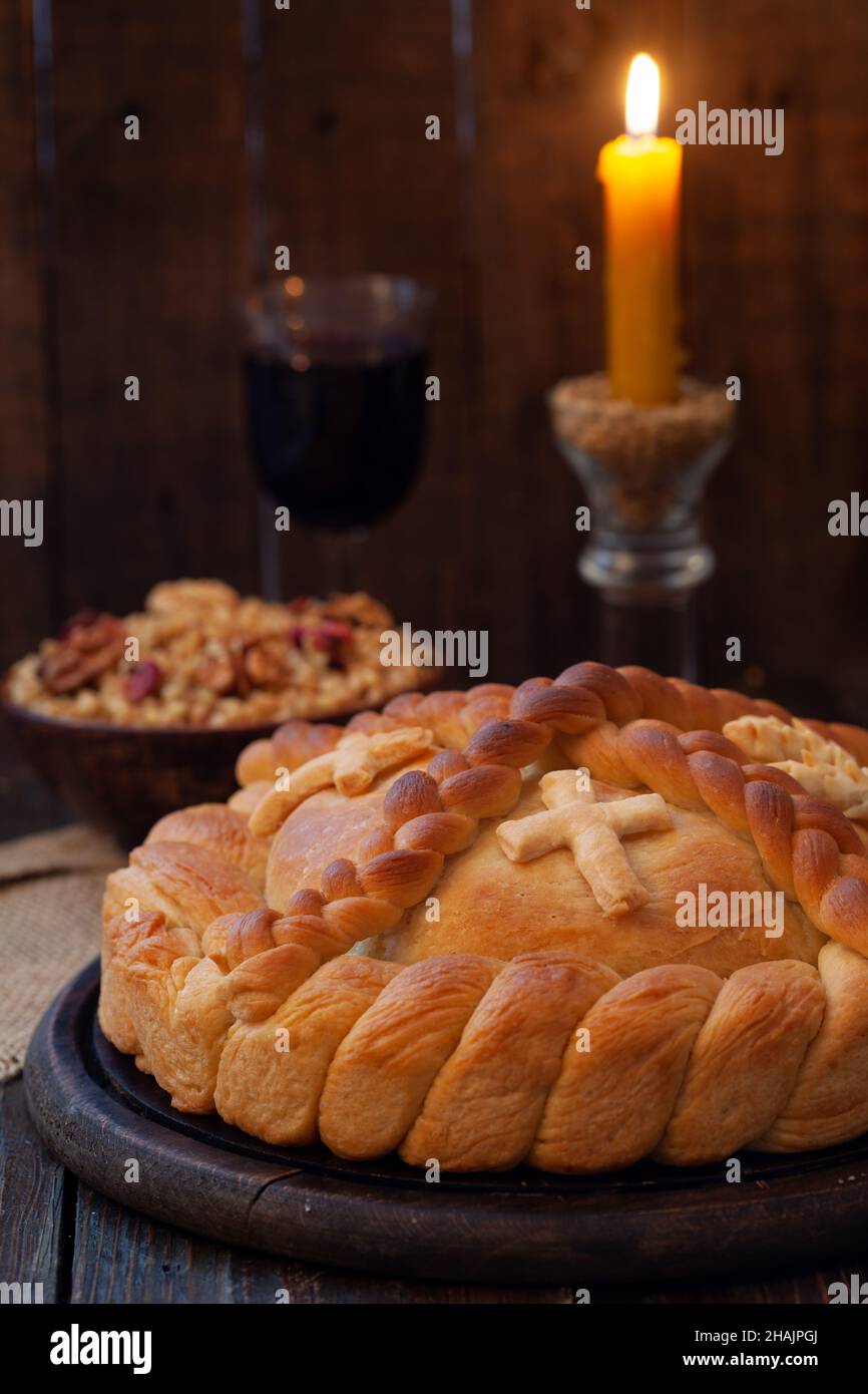 Serbian slava cake with wheat and candle. Slavski kolač. Decorative ...