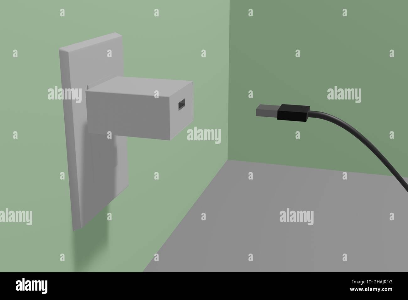 USB cable and power cube and outlet in a house or office being plugged ...