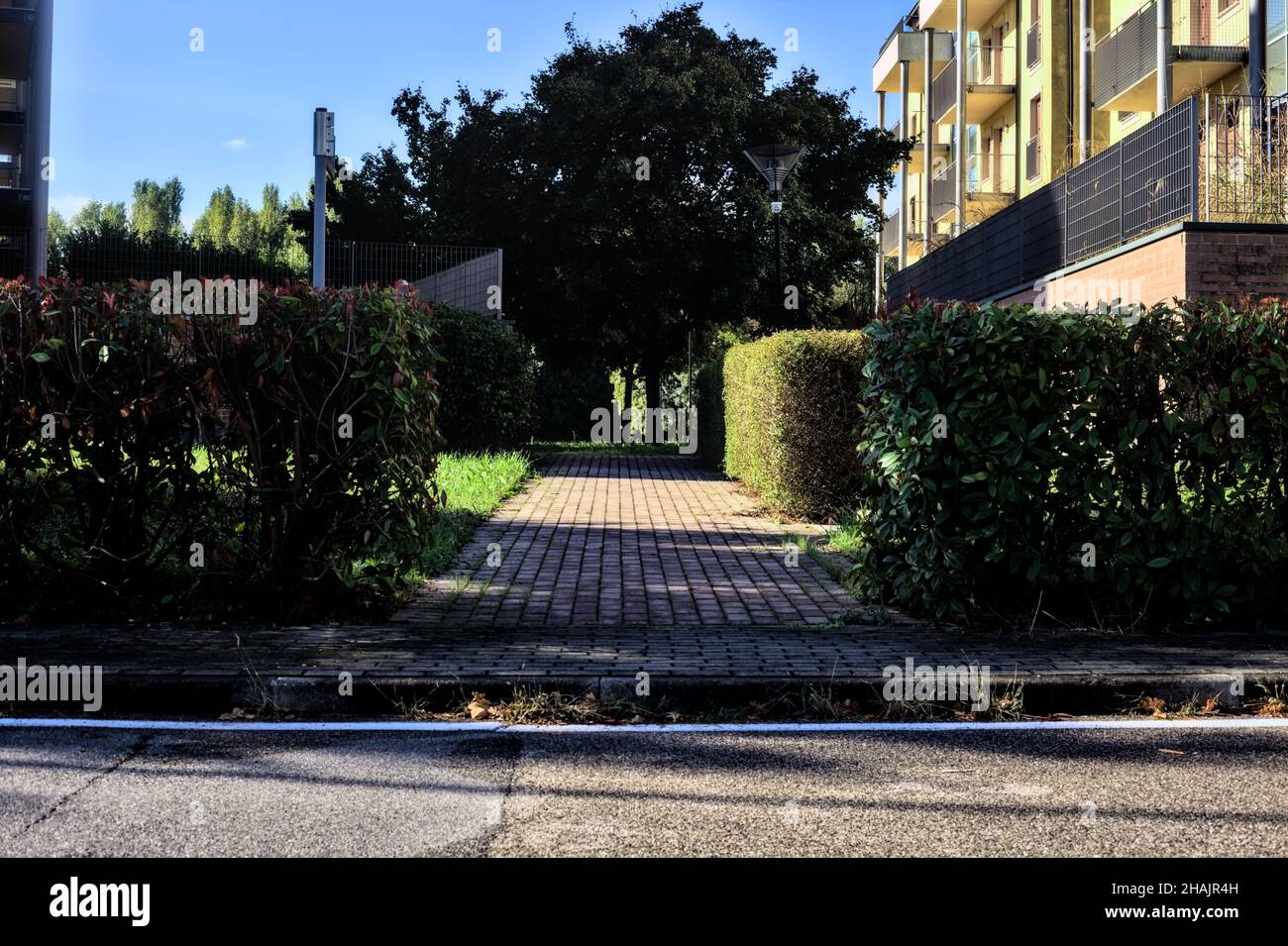 Passageway with trees between buildings in the countryside Stock Photo ...