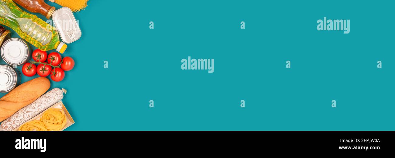 Food bank, food delivery concept. Banner with food donations on green ...