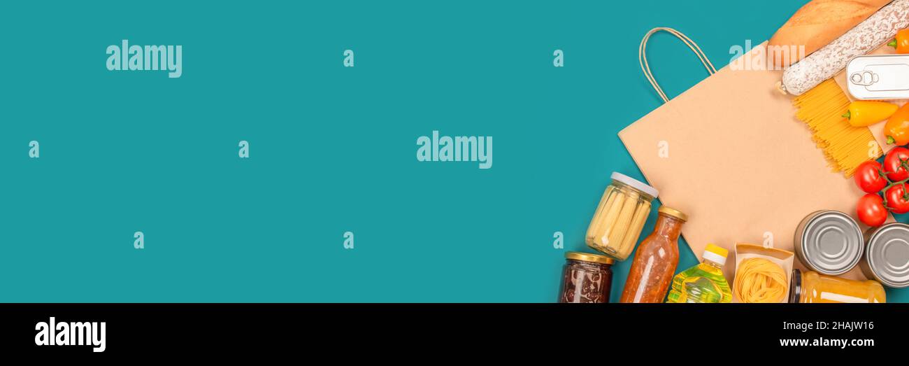 Food bank, food delivery concept. Banner with food donations and paper ...
