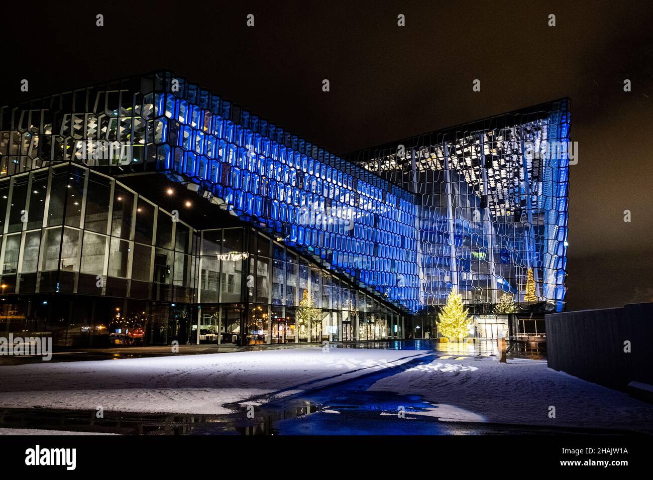 Reykjavik Iceland opera house at night with dramatic lighting lit up ...