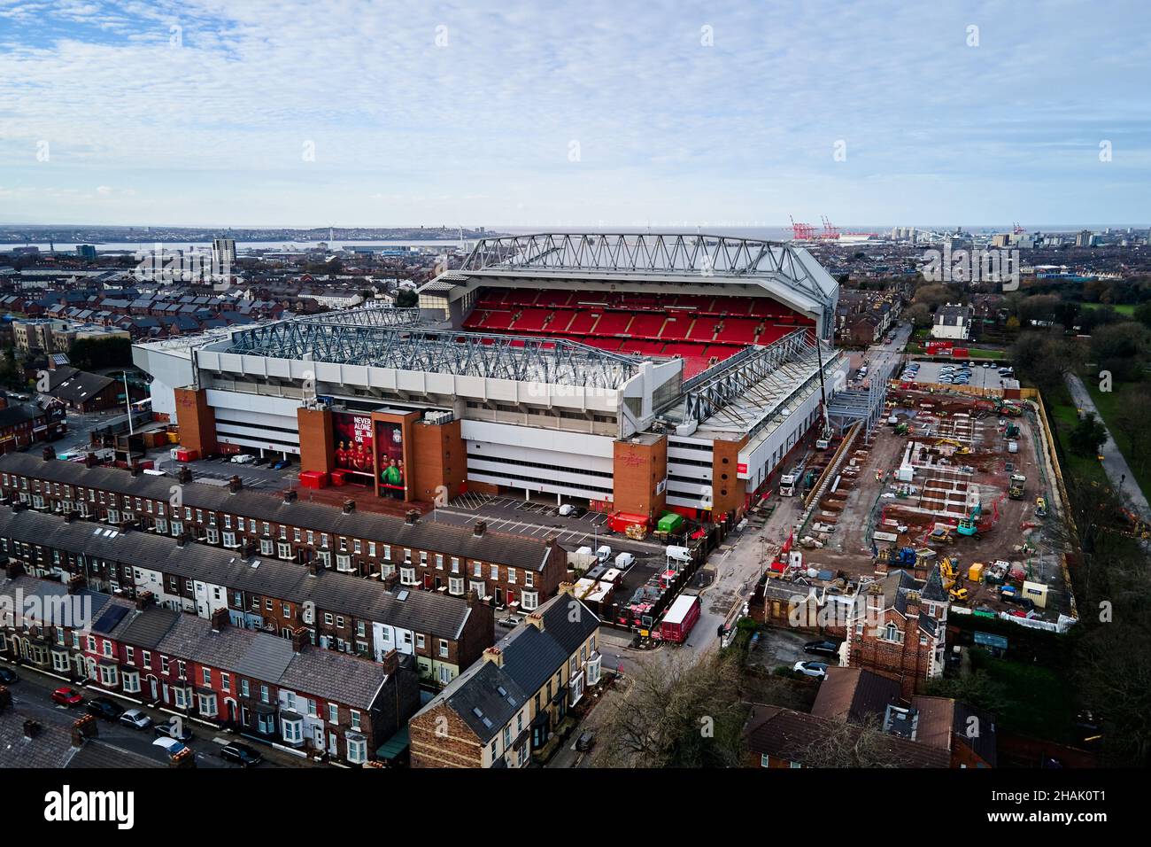 Liverpool, Merseyside, UK - Dec, 02 2021. A general aerial view of the ...