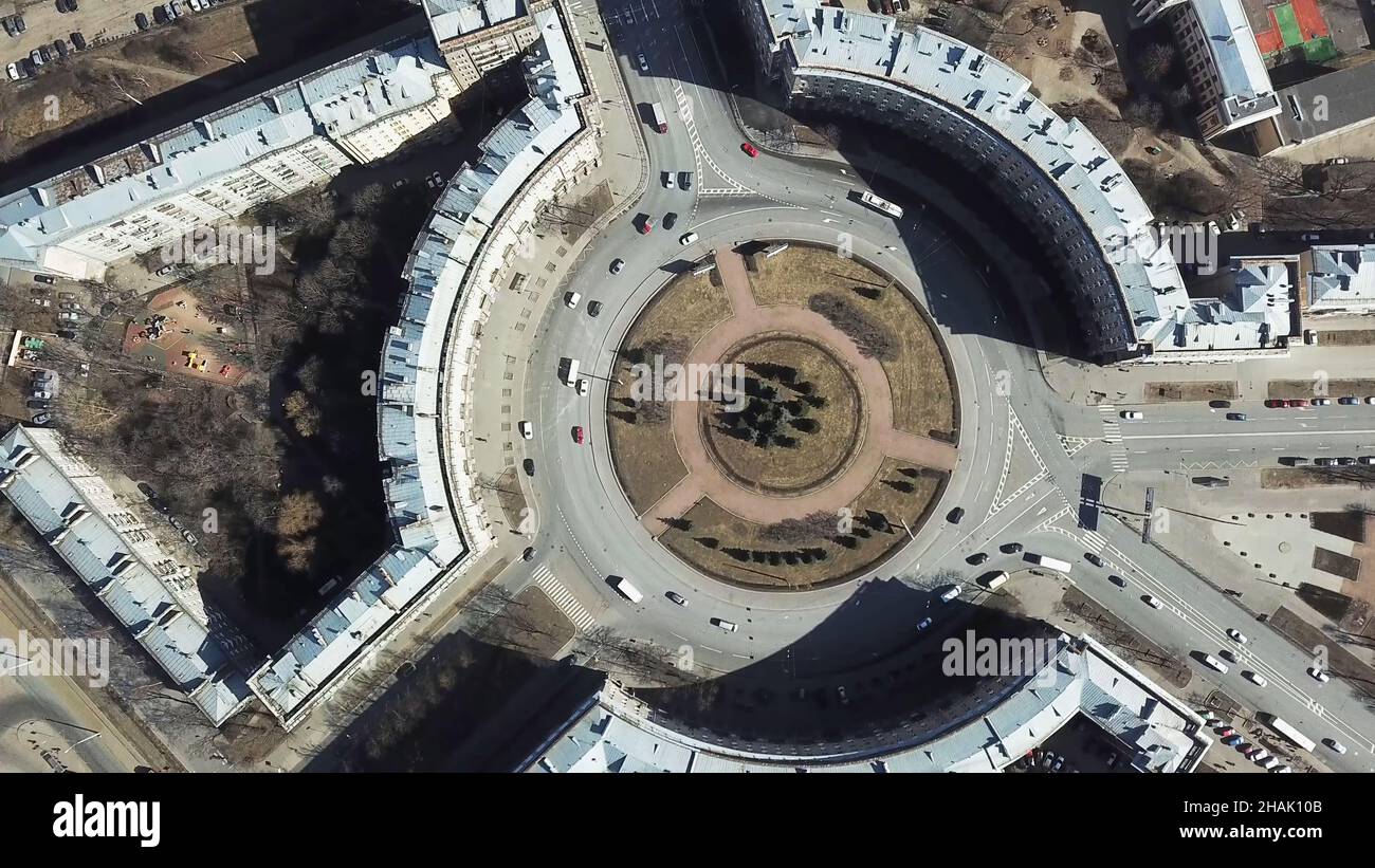 Top view of roundabout in city center. Roundabout with busy traffic of ...