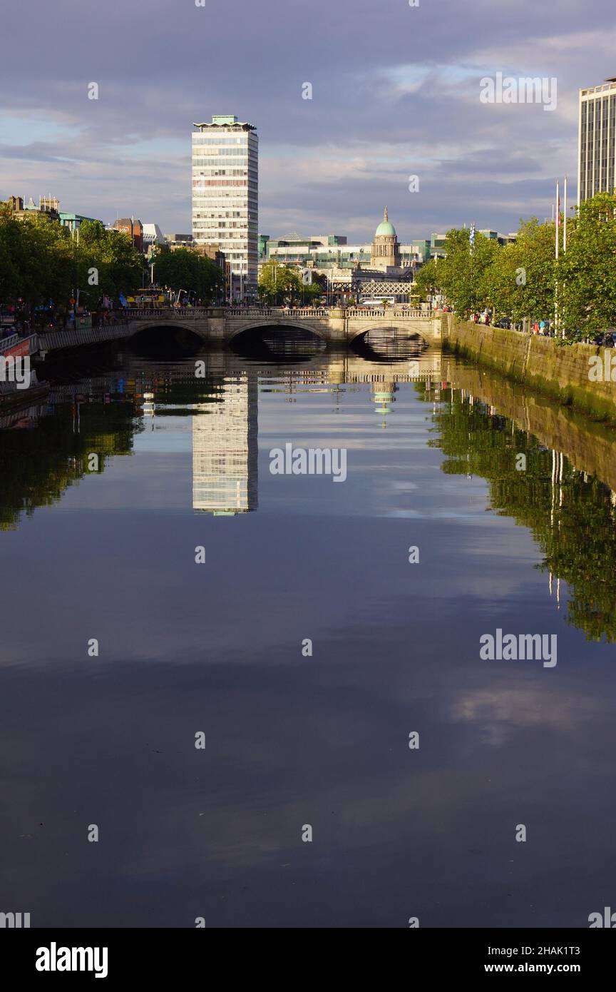 Dublin, Ireland: view of River Liffey, Rosie Hackett Bridge and Siptu ...