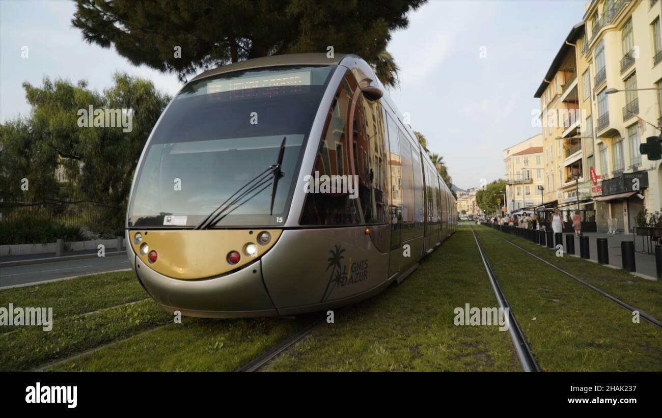France, Paris - June, 2019: Modern trams riding along rails. Action ...