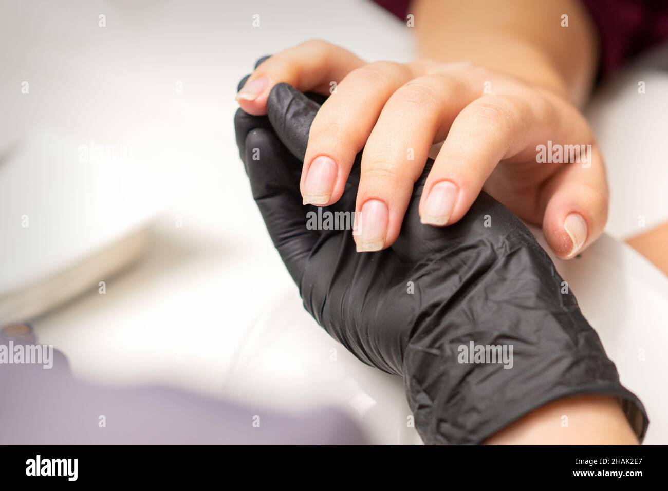 Examination of manicured fingernails. Hands of manicure master in black ...