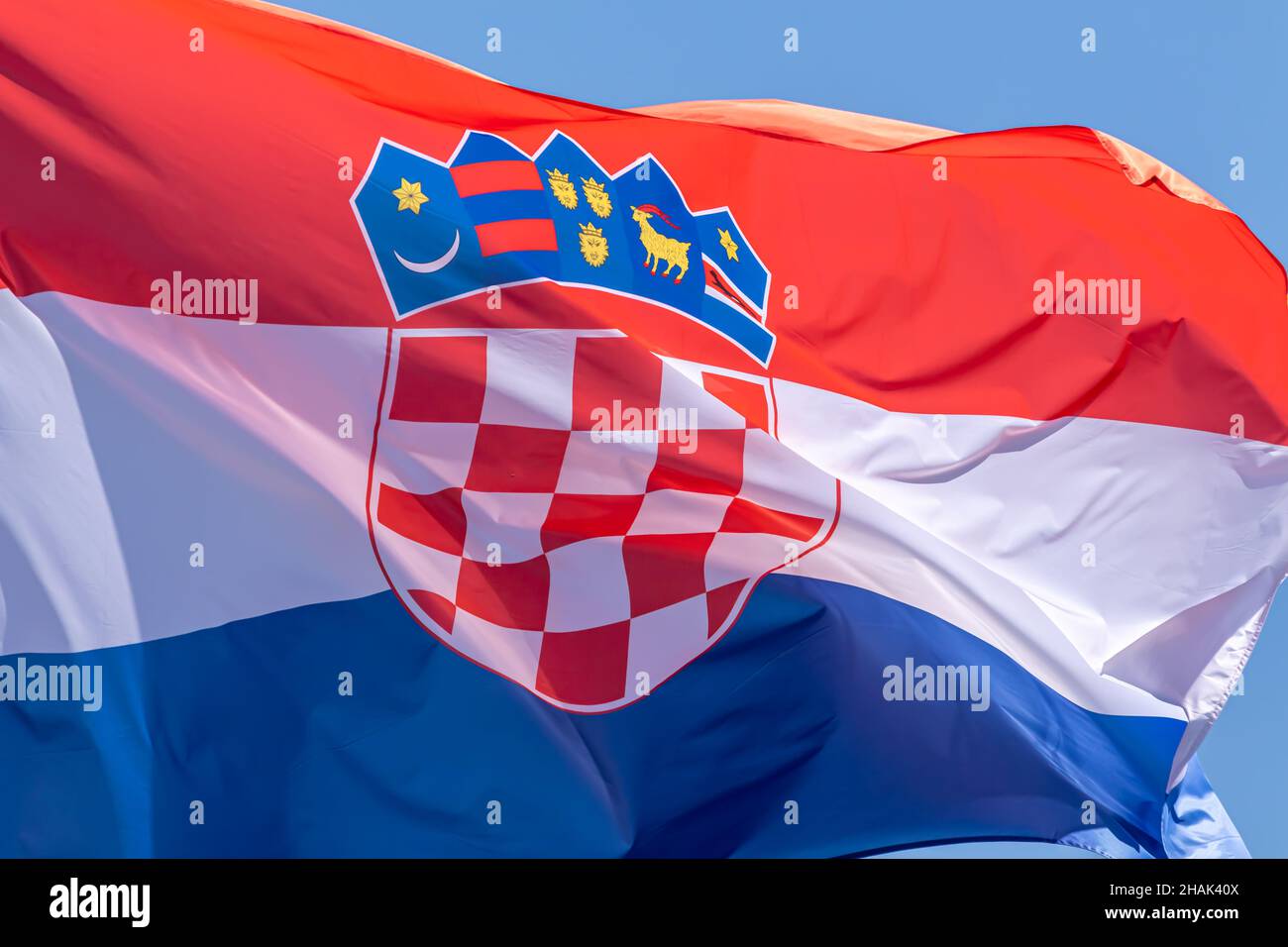 Part of Croatian national flag waving, close-up. Republic of Croatia ...