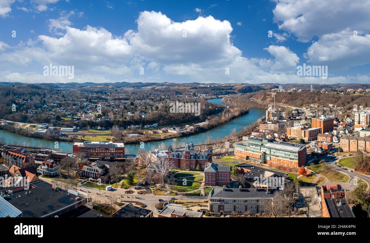 Aerial drone panoramic shot of the downtown campus of WVU in Morgantown ...