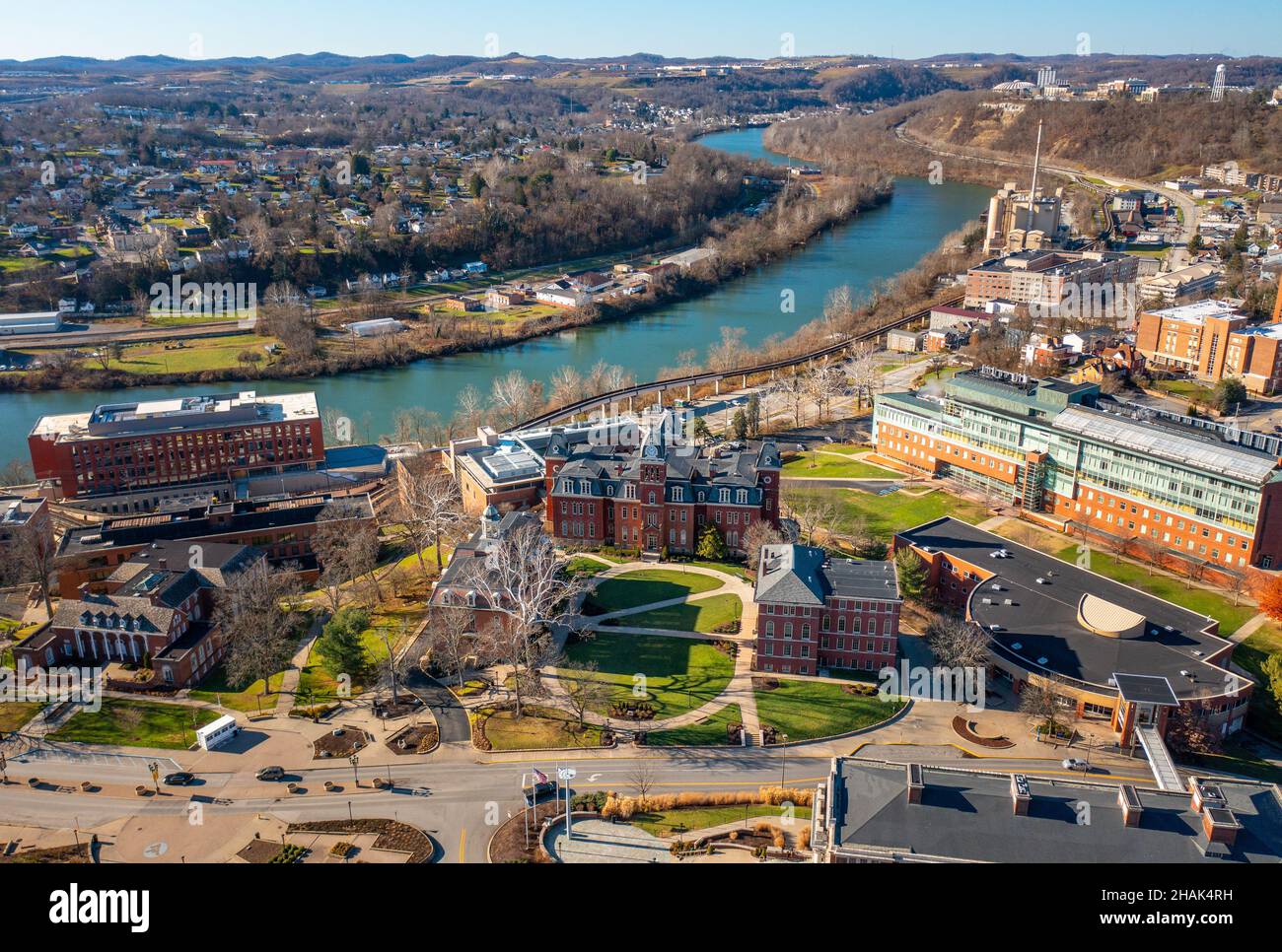Aerial drone panoramic shot of the downtown campus of WVU in Morgantown ...