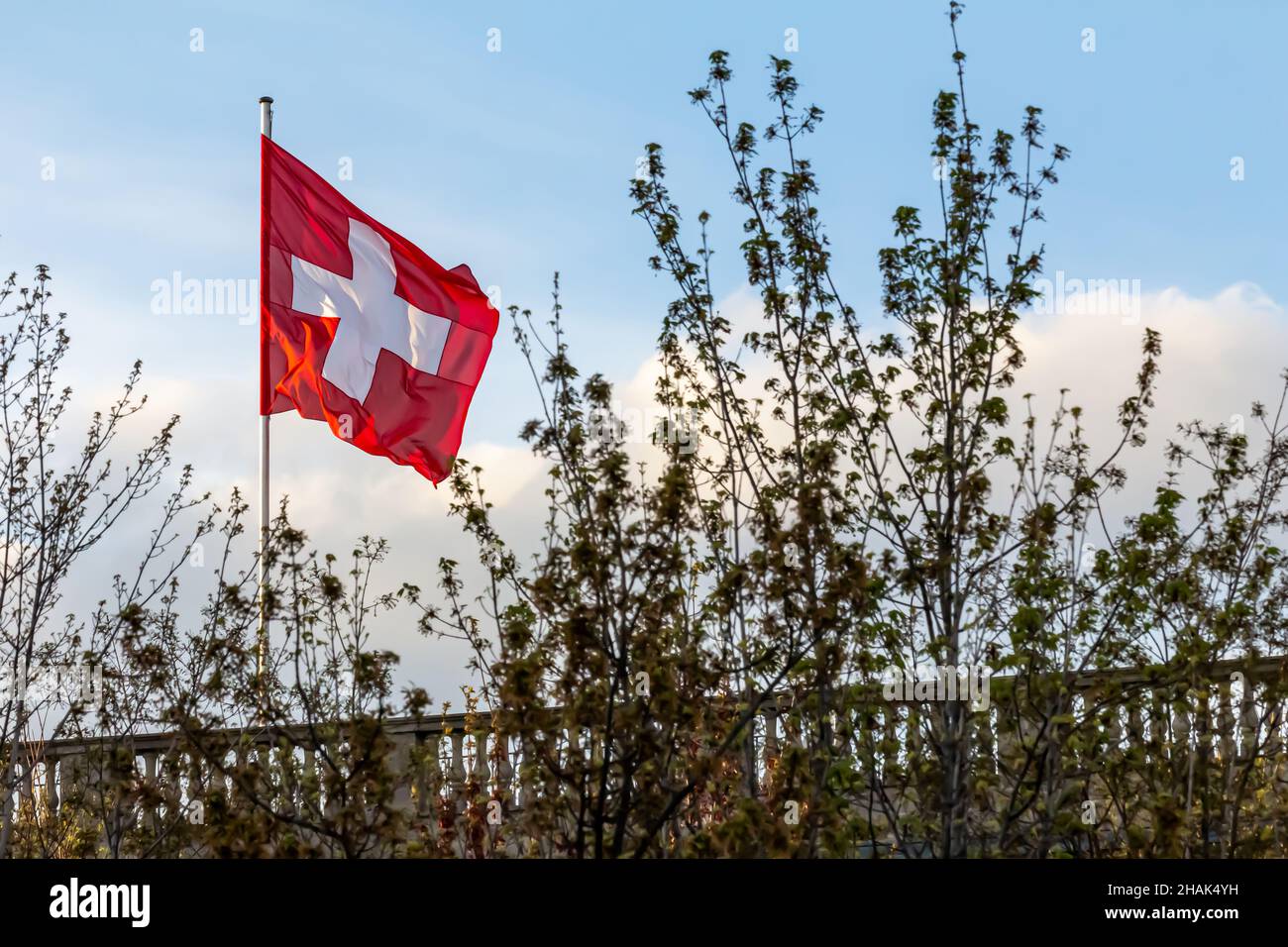 Switzerland national flag waving on blue sky background. Swiss ...