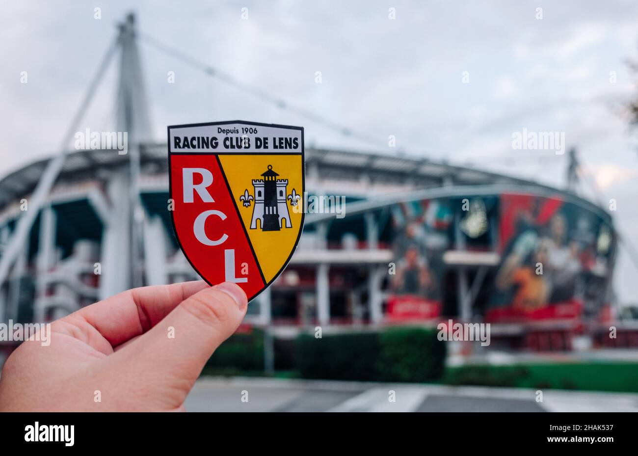 August 30, 2021, Lens, France. The emblem of the RC Lens football club ...