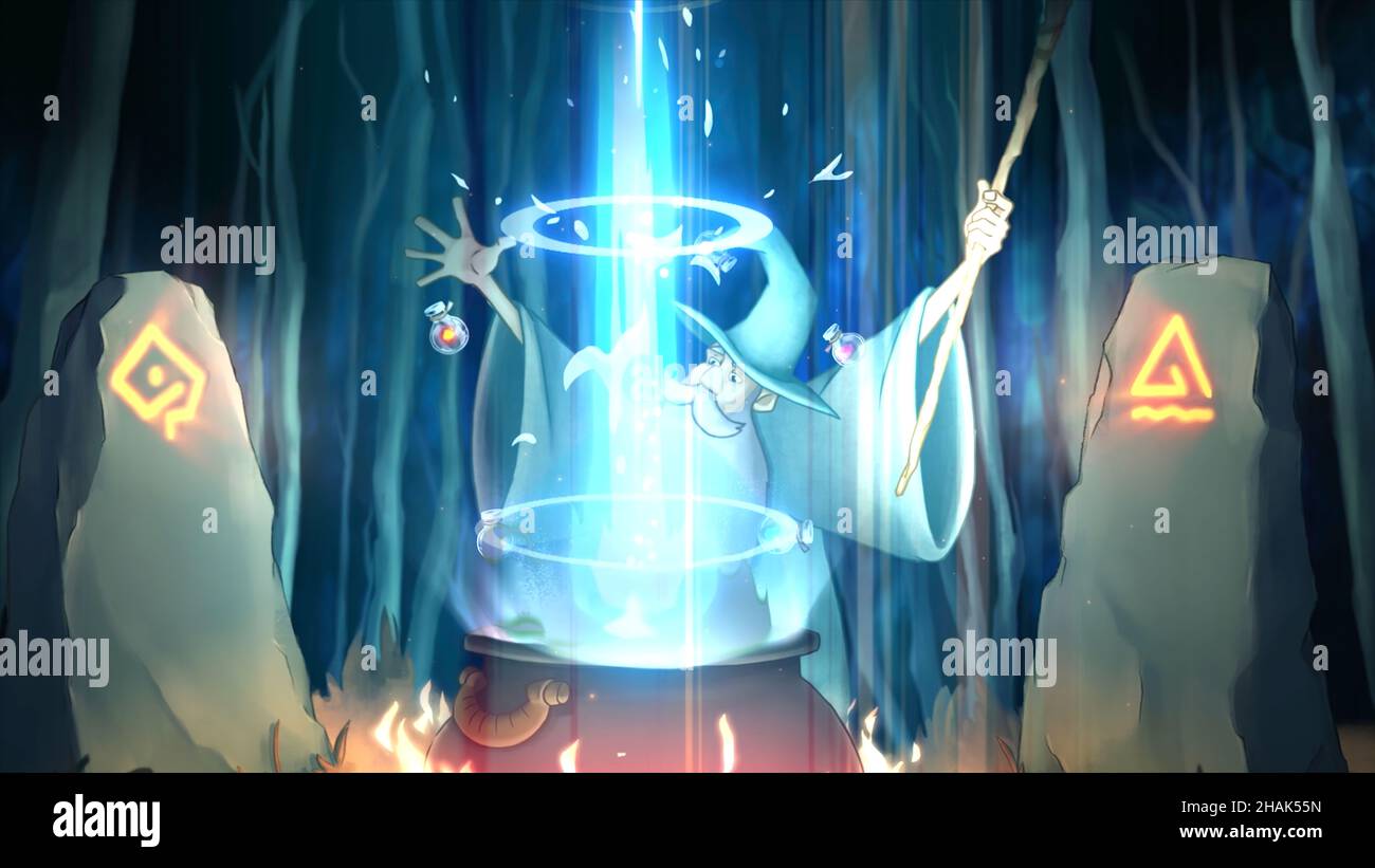 Wizards and magic. Stock footage. Cartoon animation of old wizard ...