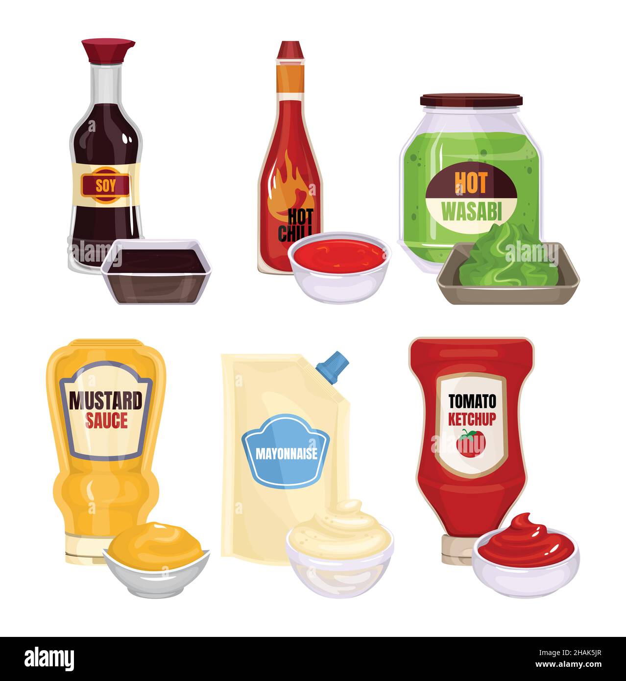 Sauce packaging realistic composition with isolated images of sauces in ...