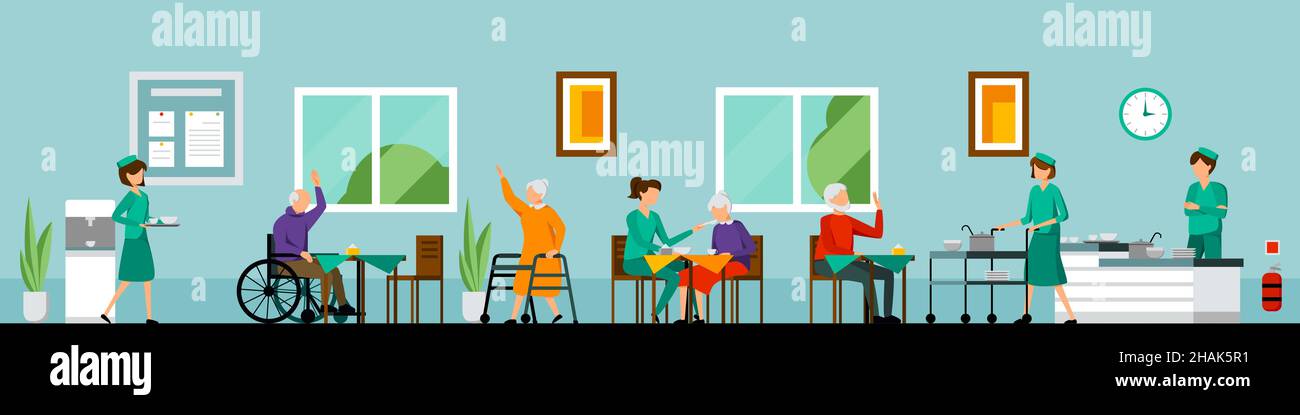 Flat nursing home characters composition with nursing home environment ...