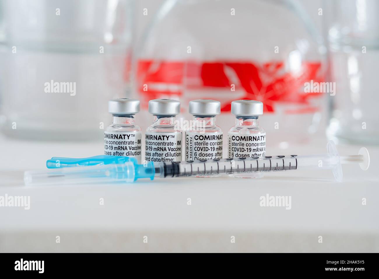 PLASENCIA, SPAIN - Jun 16, 2021: 4 Original Comirnaty Six-Dose Vials ...