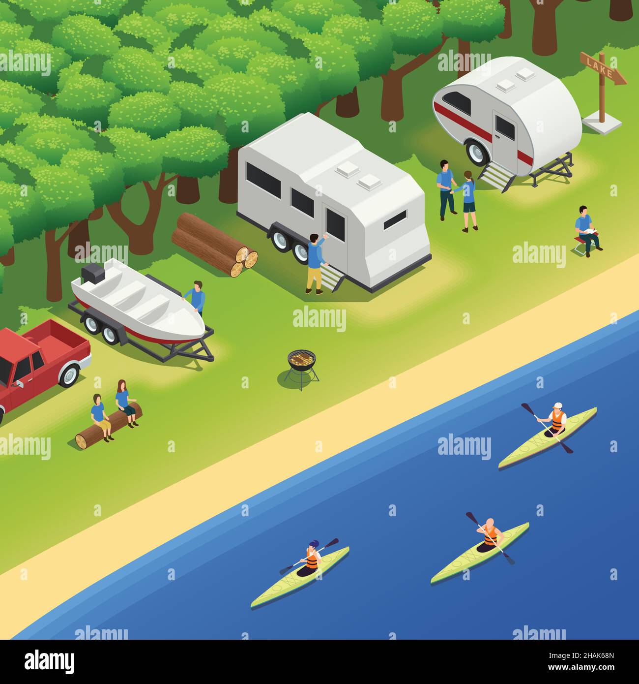 Canoeing kayaking rafting recreation riverbank campsite isometric ...