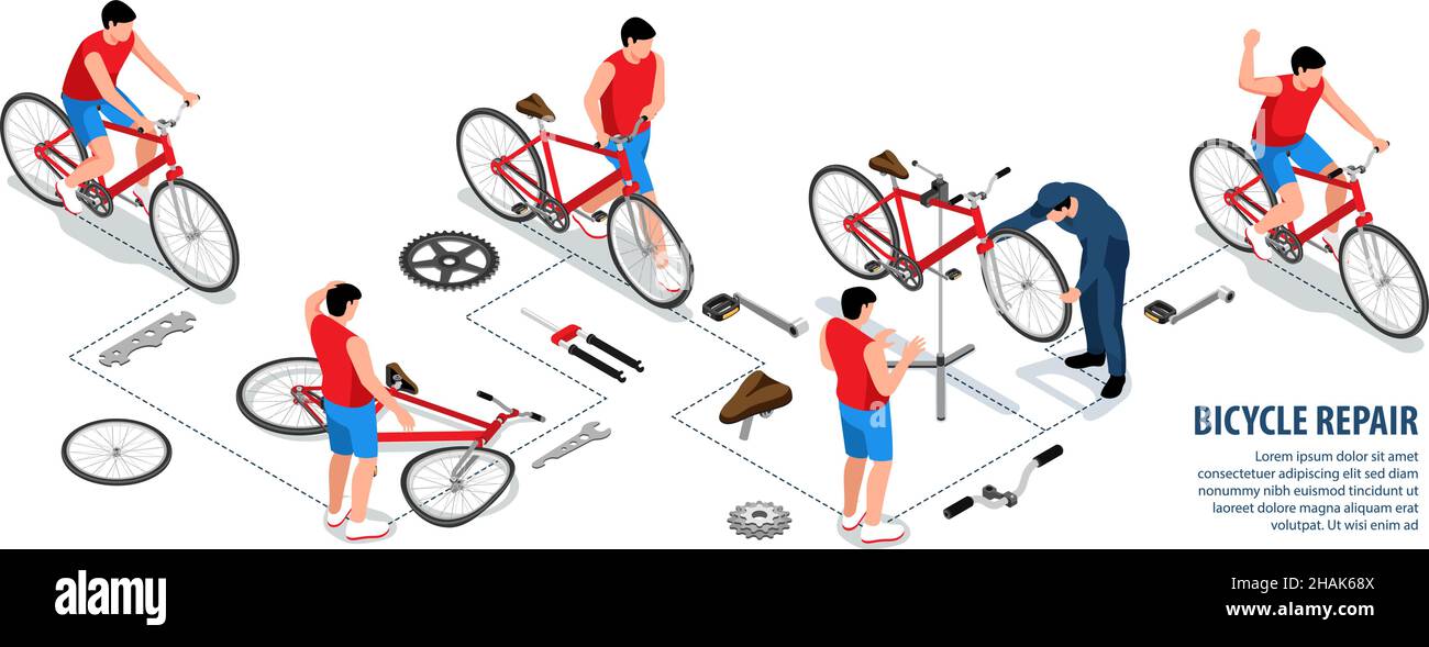 Bicycle repair isometric infographics with male cyclist riding bike and ...