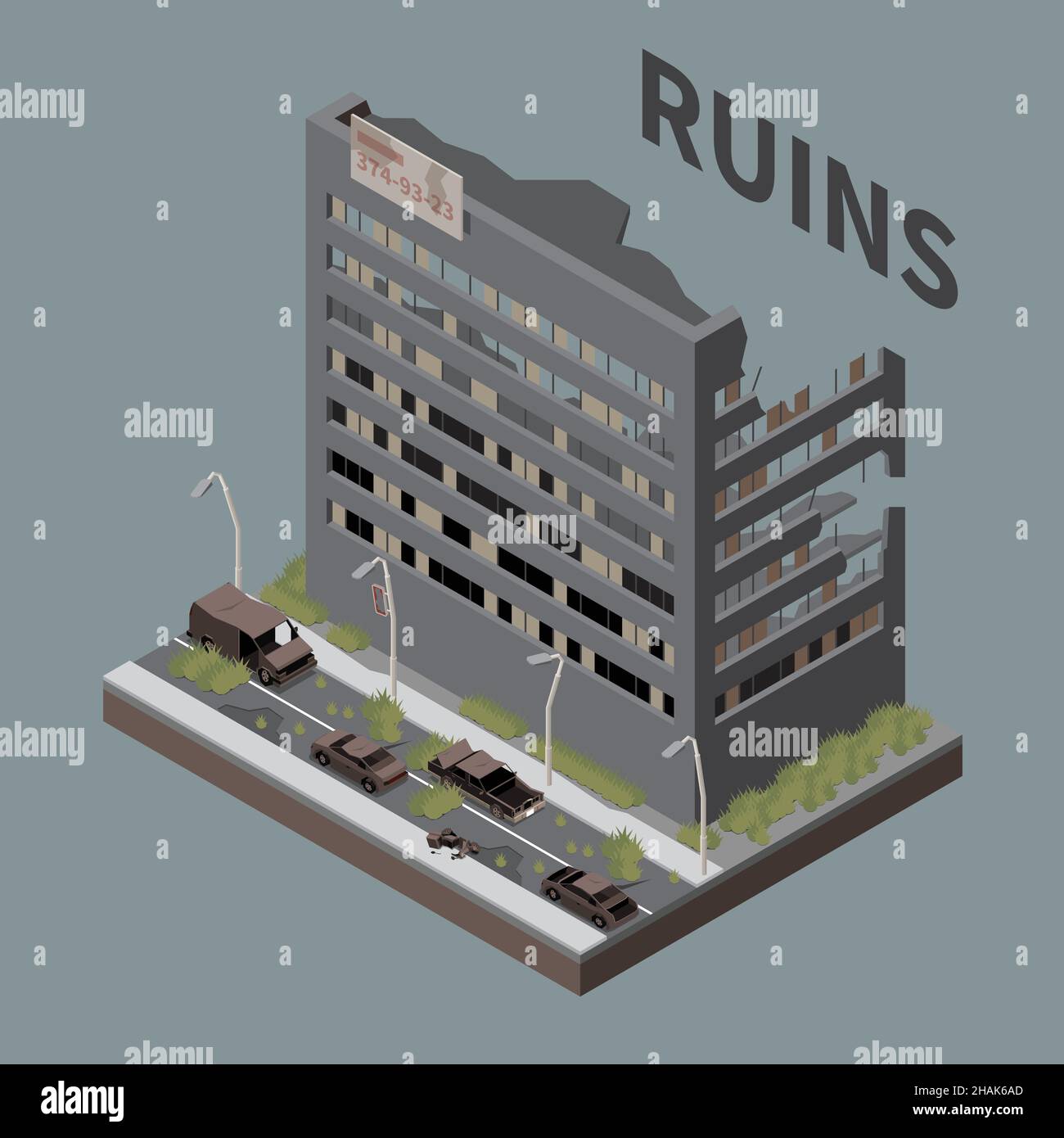 Ruins isometric grey background with post apocalypse destroyed empty ...
