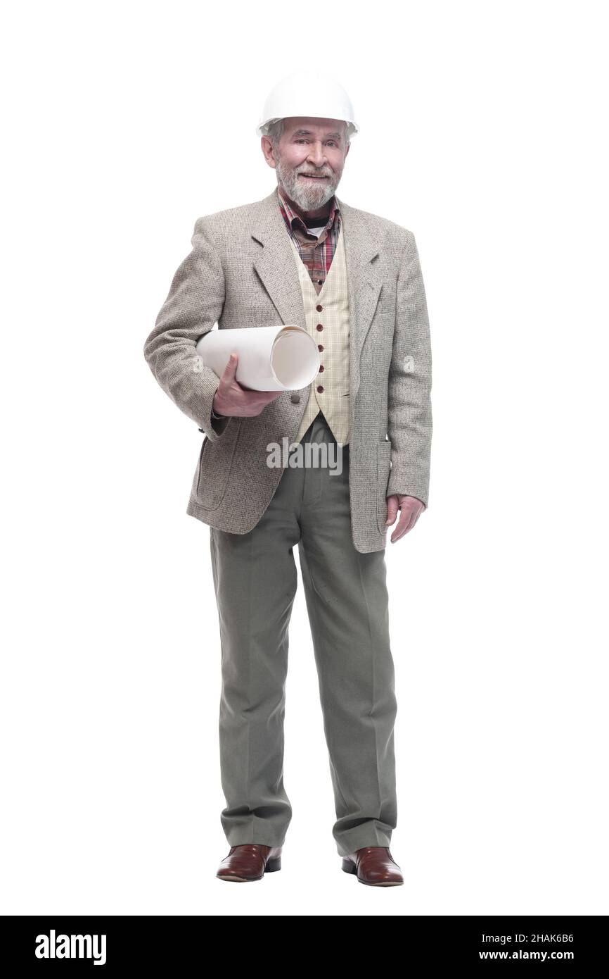 male architect with drawings. isolated on a white Stock Photo - Alamy