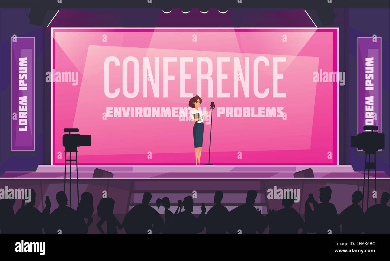 Conference hall poster with environmental problems symbols flat vector ...