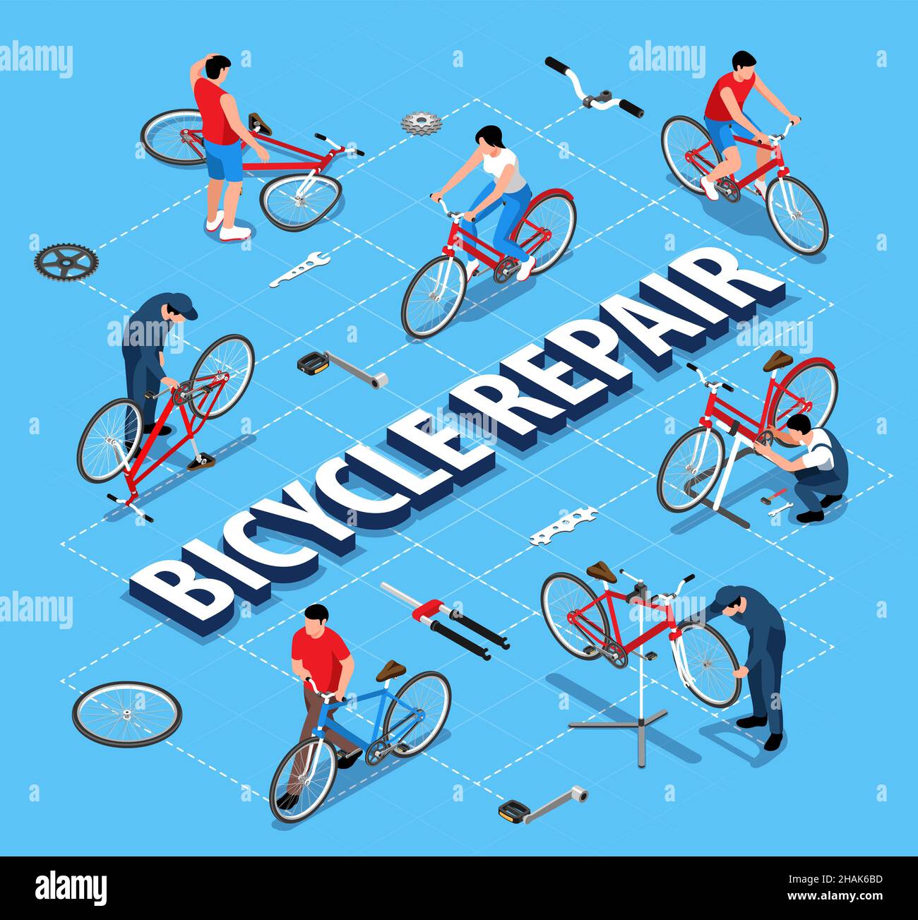 Bicycle repair flowchart with handicraftsmen repairing bikes using ...