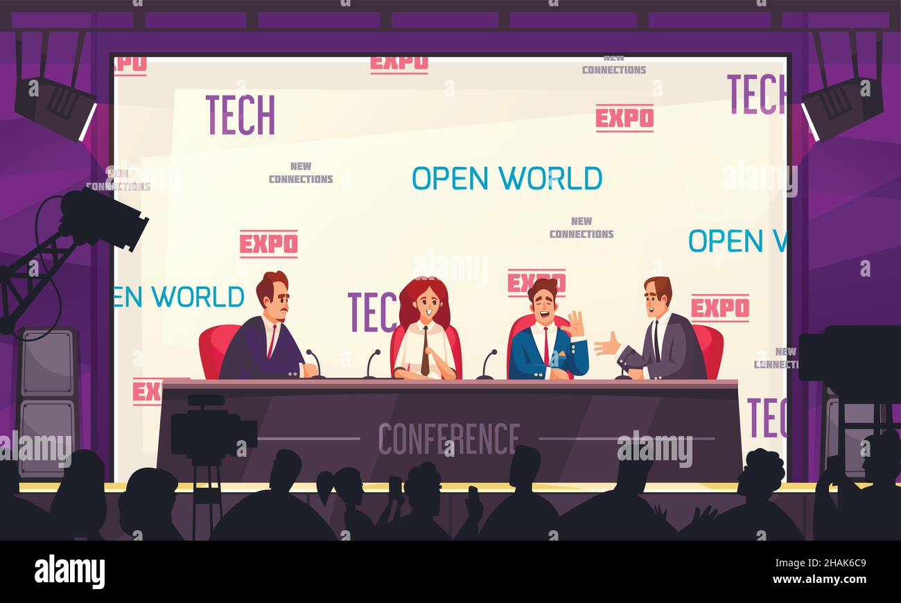 Conference hall design with press conference symbols flat vector ...