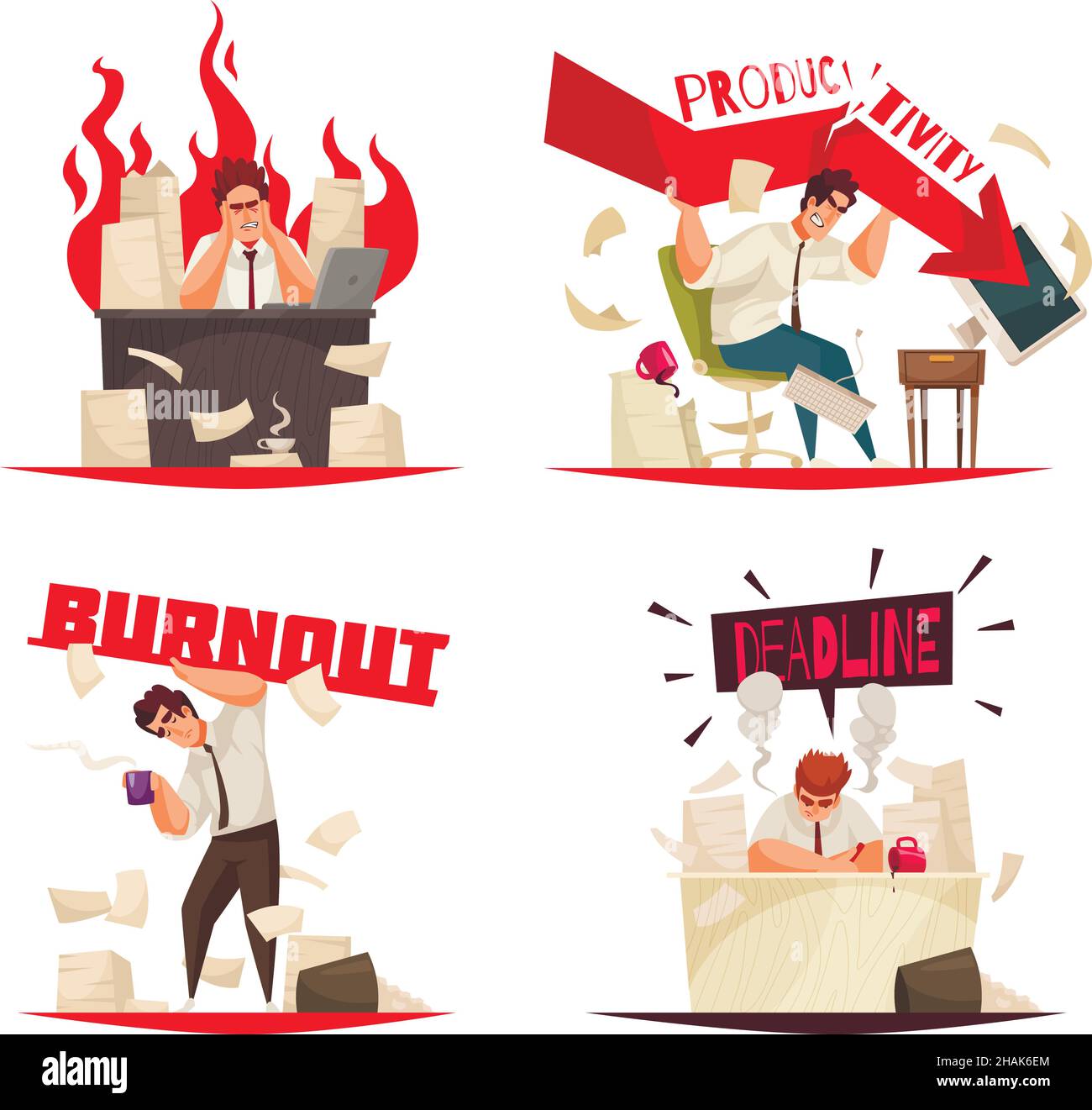 Professional burnout set with work symbols flat isolated vector ...