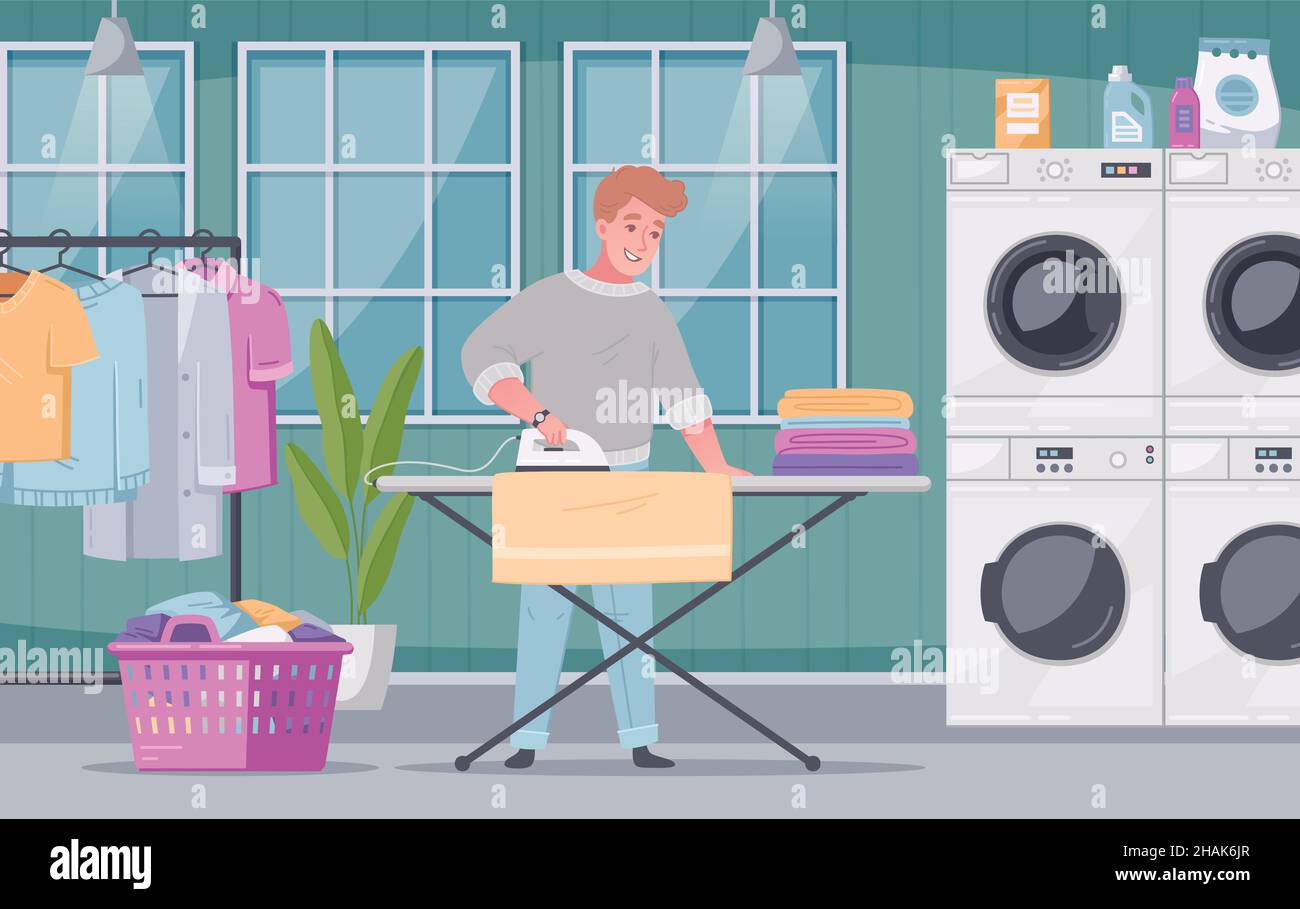 Self service coin laundry facility interior flat cartoon composition ...