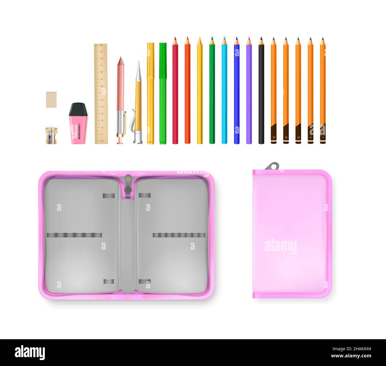 Realistic school accessories open and closed empty pencil case isolated ...