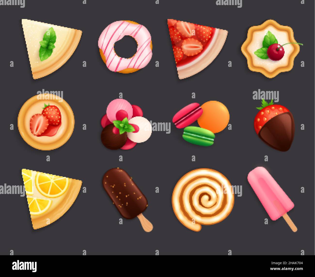 Desserts sweets top view set flat black background lemon pie donut ...