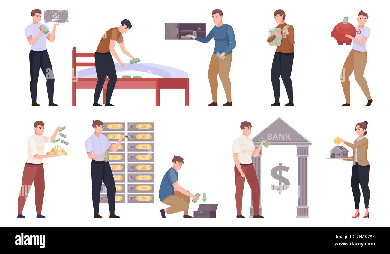 Money storage flat set of people hide money under mattress in piggy ...