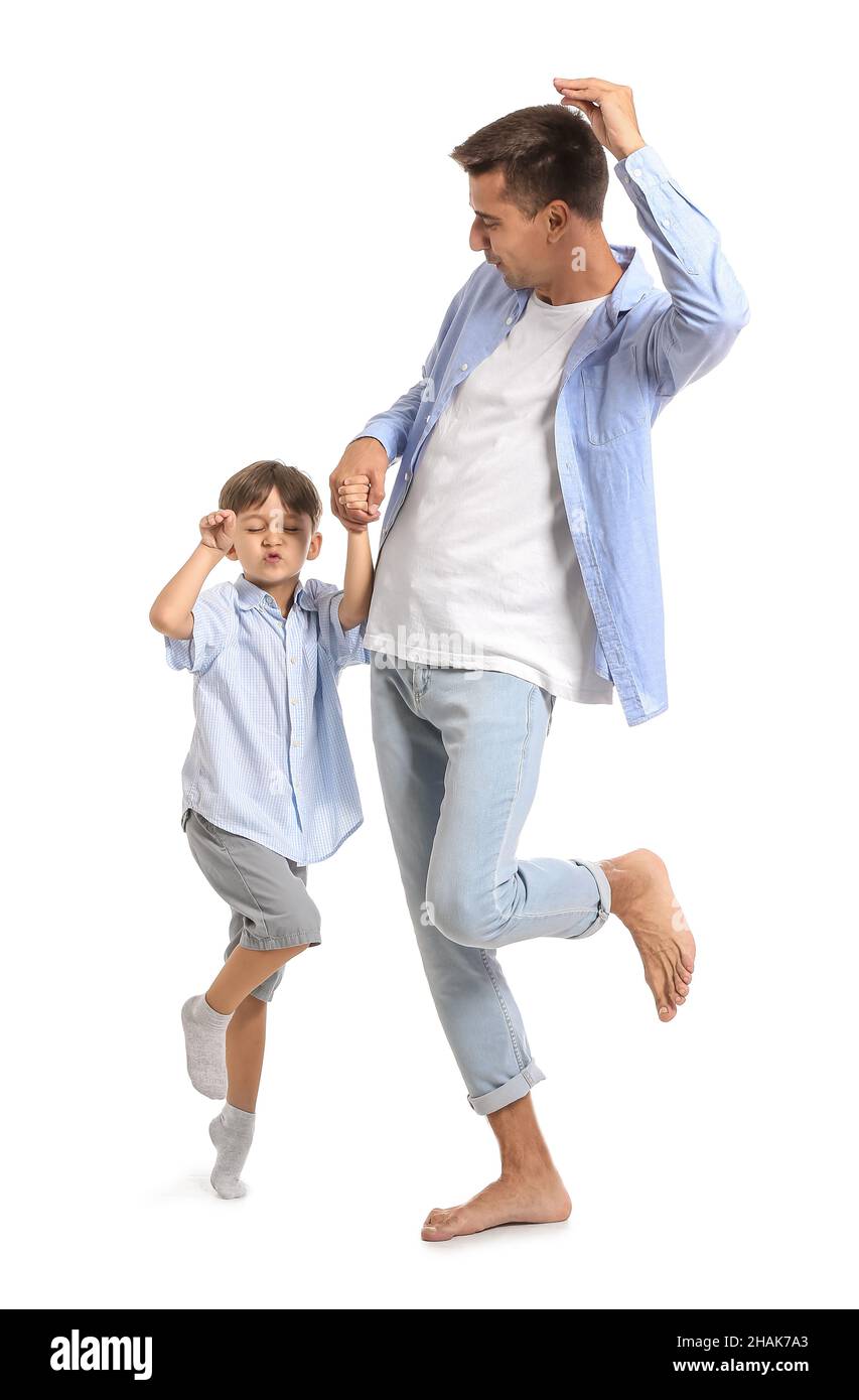 Dancing man and his little son on white background Stock Photo - Alamy