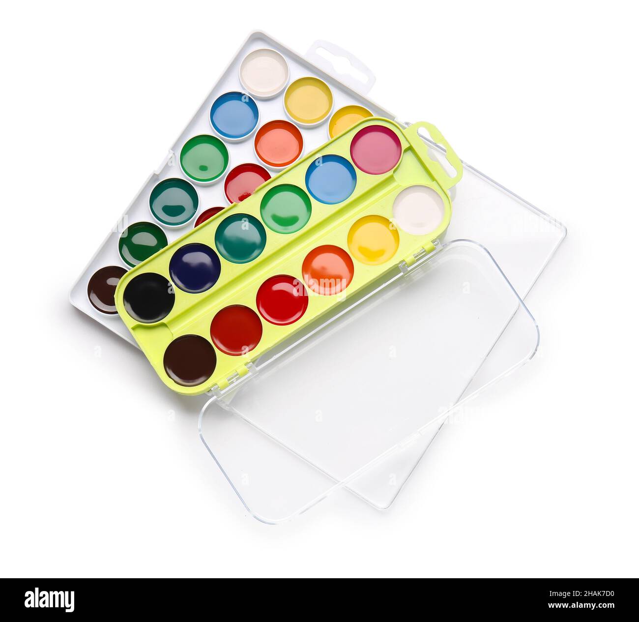 Plastic boxes with watercolor paints on white background Stock Photo ...