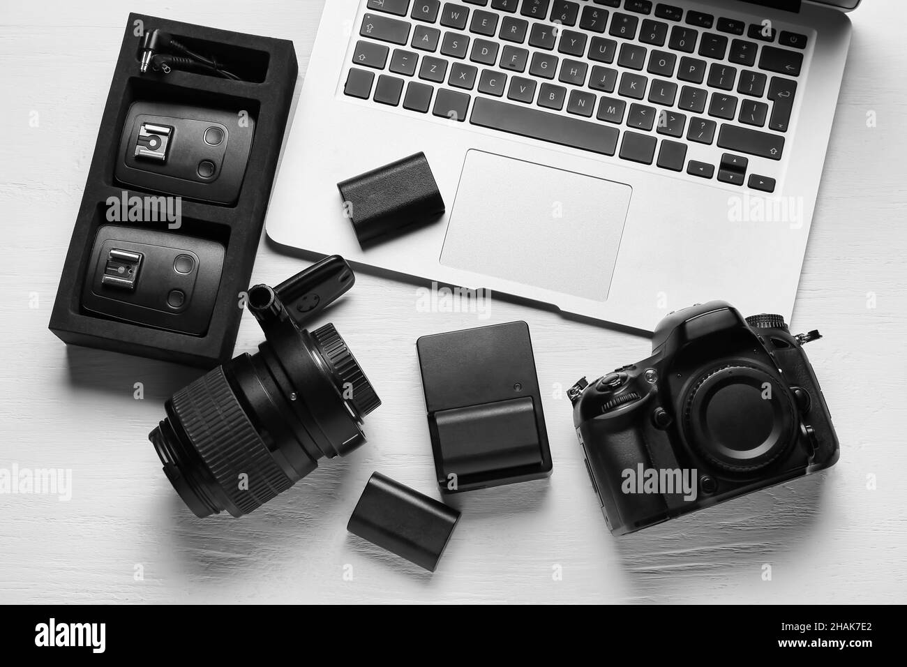 Photo equipment on light table background, top view Stock Photo - Alamy