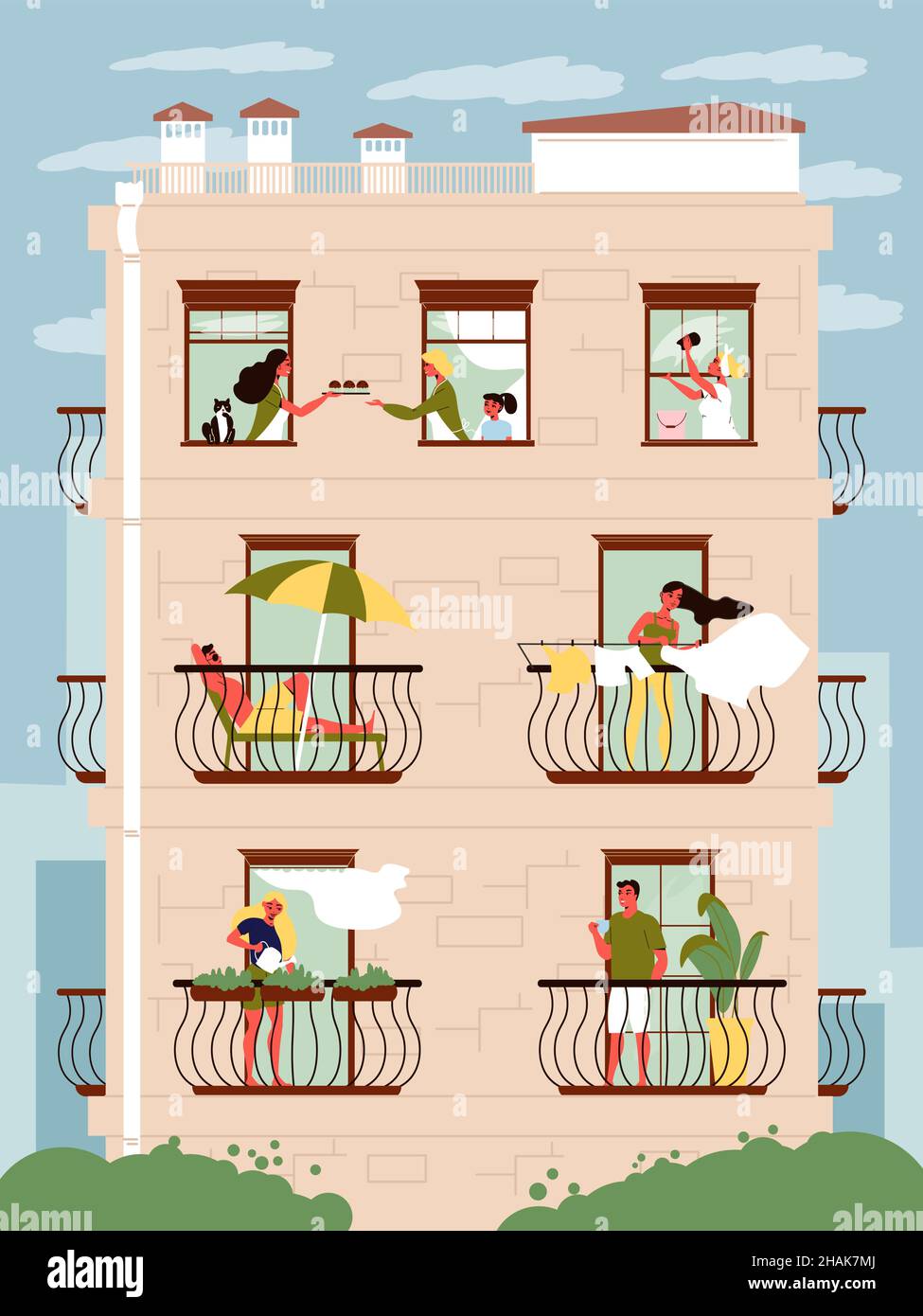 Residential house facade with neighbours in windows and on balconies ...