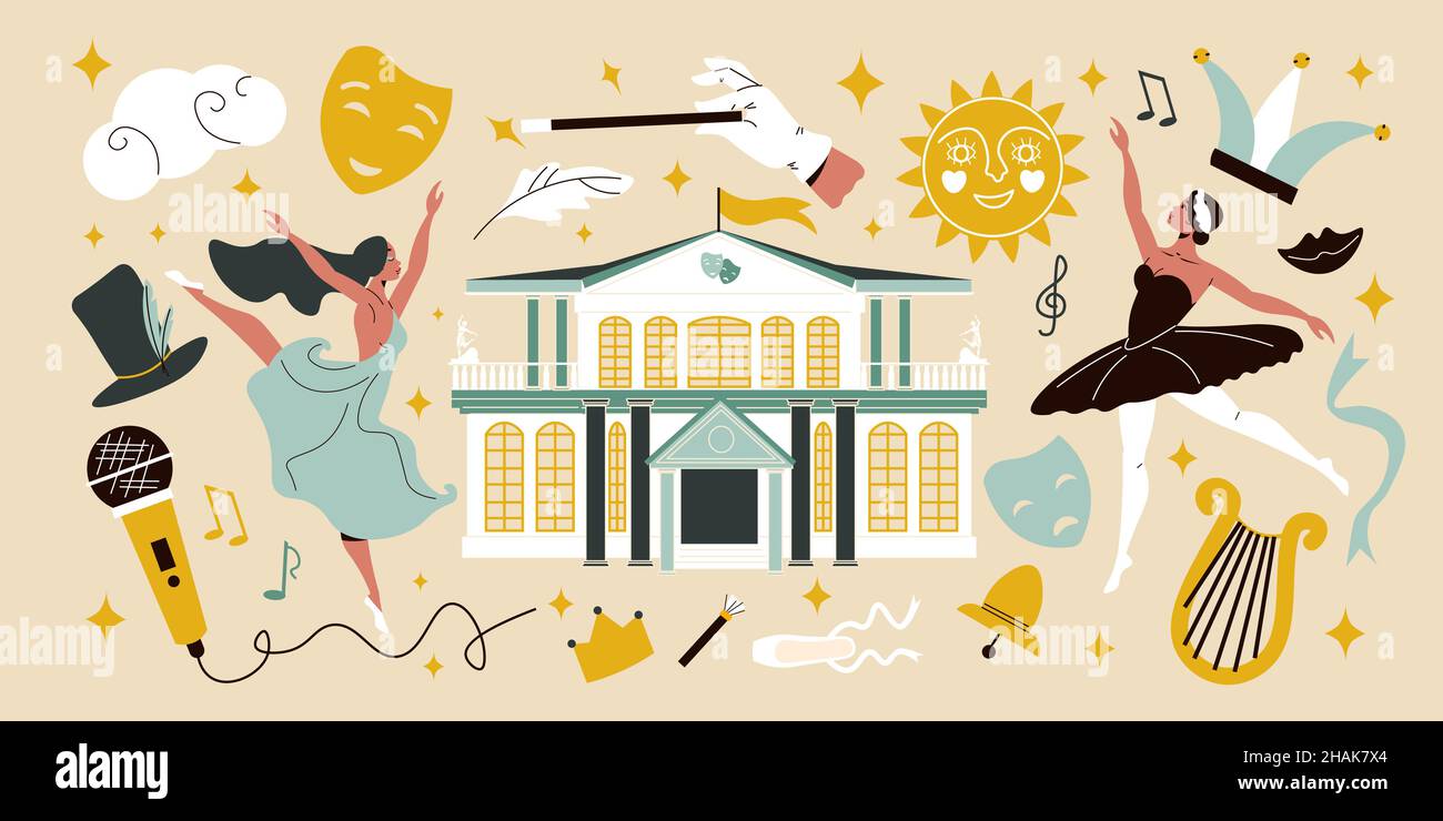 Flat big set with two female ballet dancers theatre building and ...