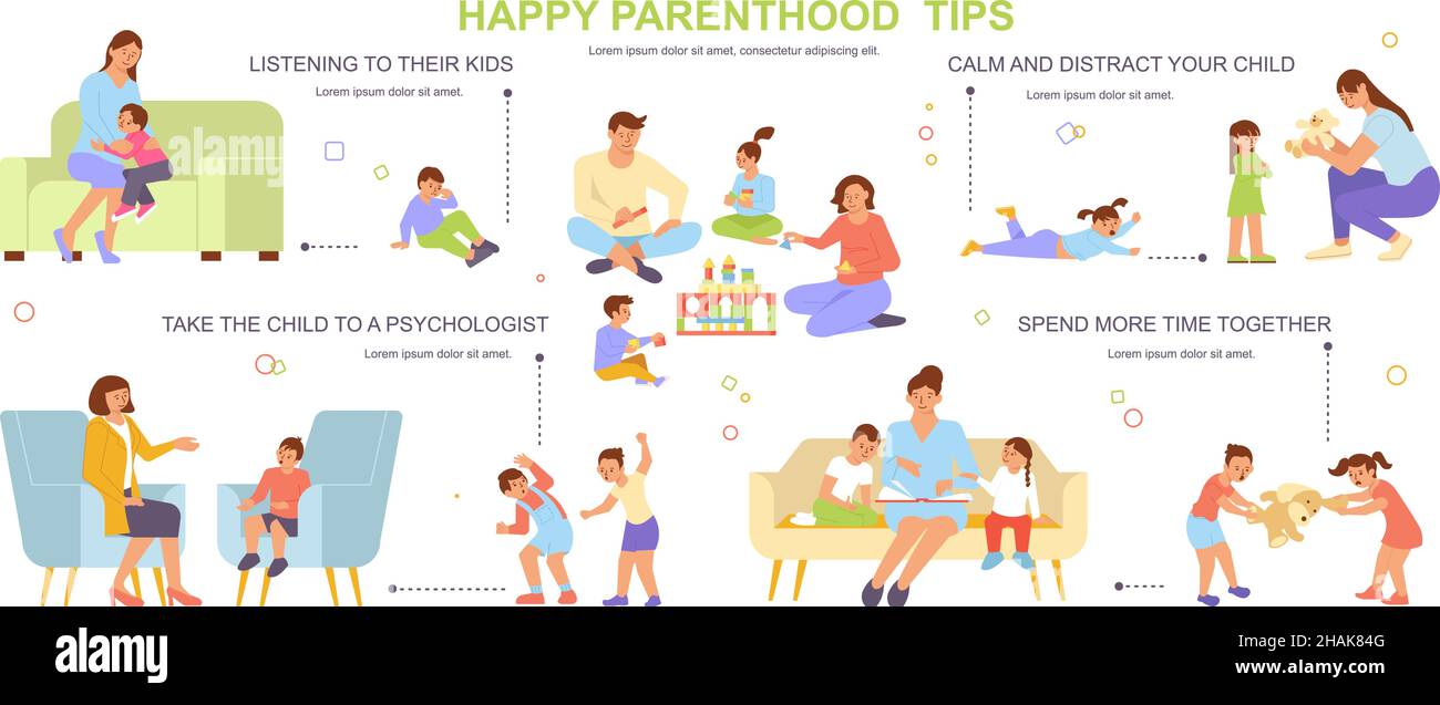 Parenting flat flowchart with happy parenthood tips parents and their ...
